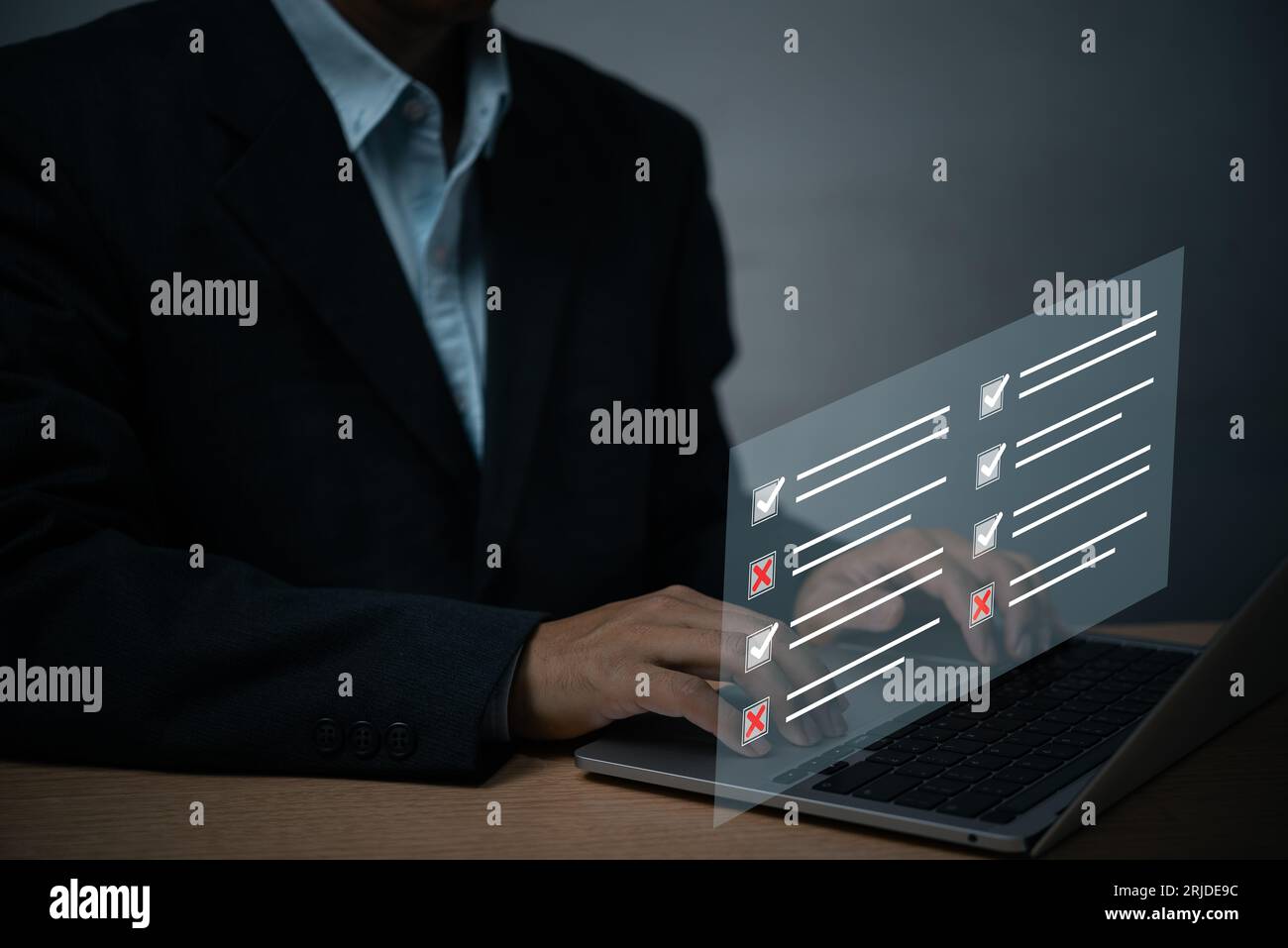 Man Chooses Questionnaire With Checkbox Survey Form Online Answer Questions In The Exam Of