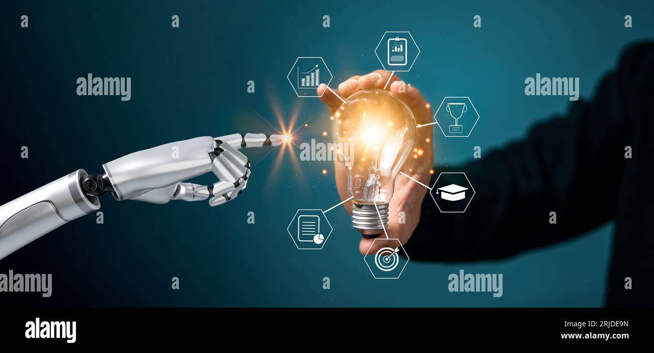 futuristic hand robot pointing lightbulb, representing concepts of ...