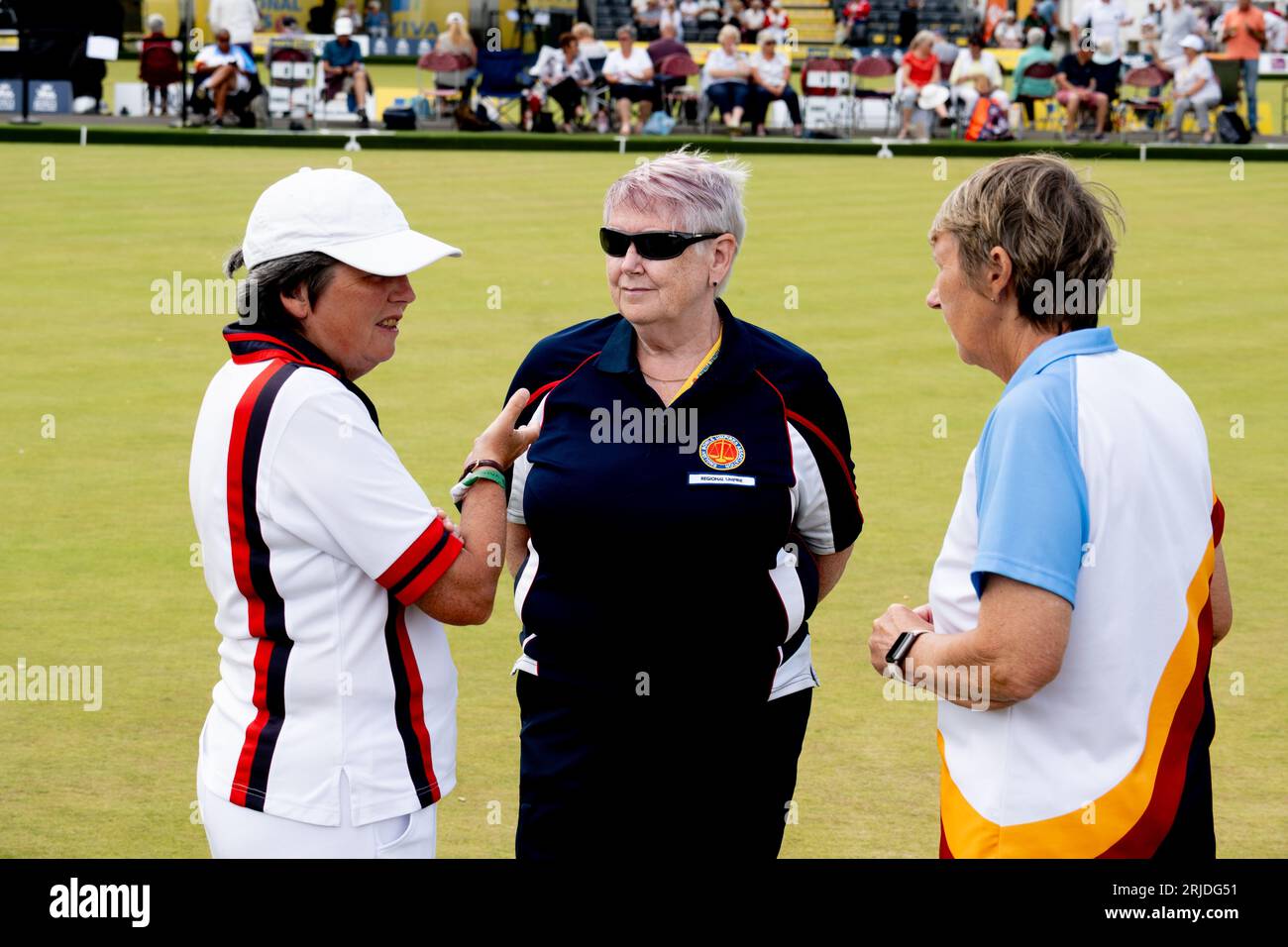 Women bowlers and an umpire at the 2023 Aviva National Championships ...