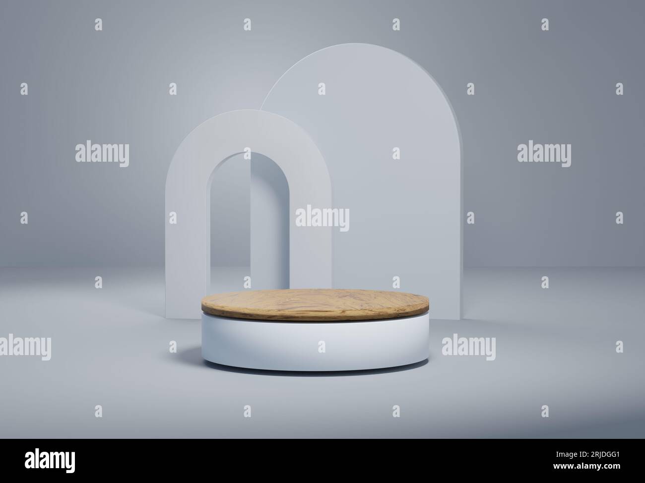 Product showcase platform with wood cylinder on white abstract shape ...