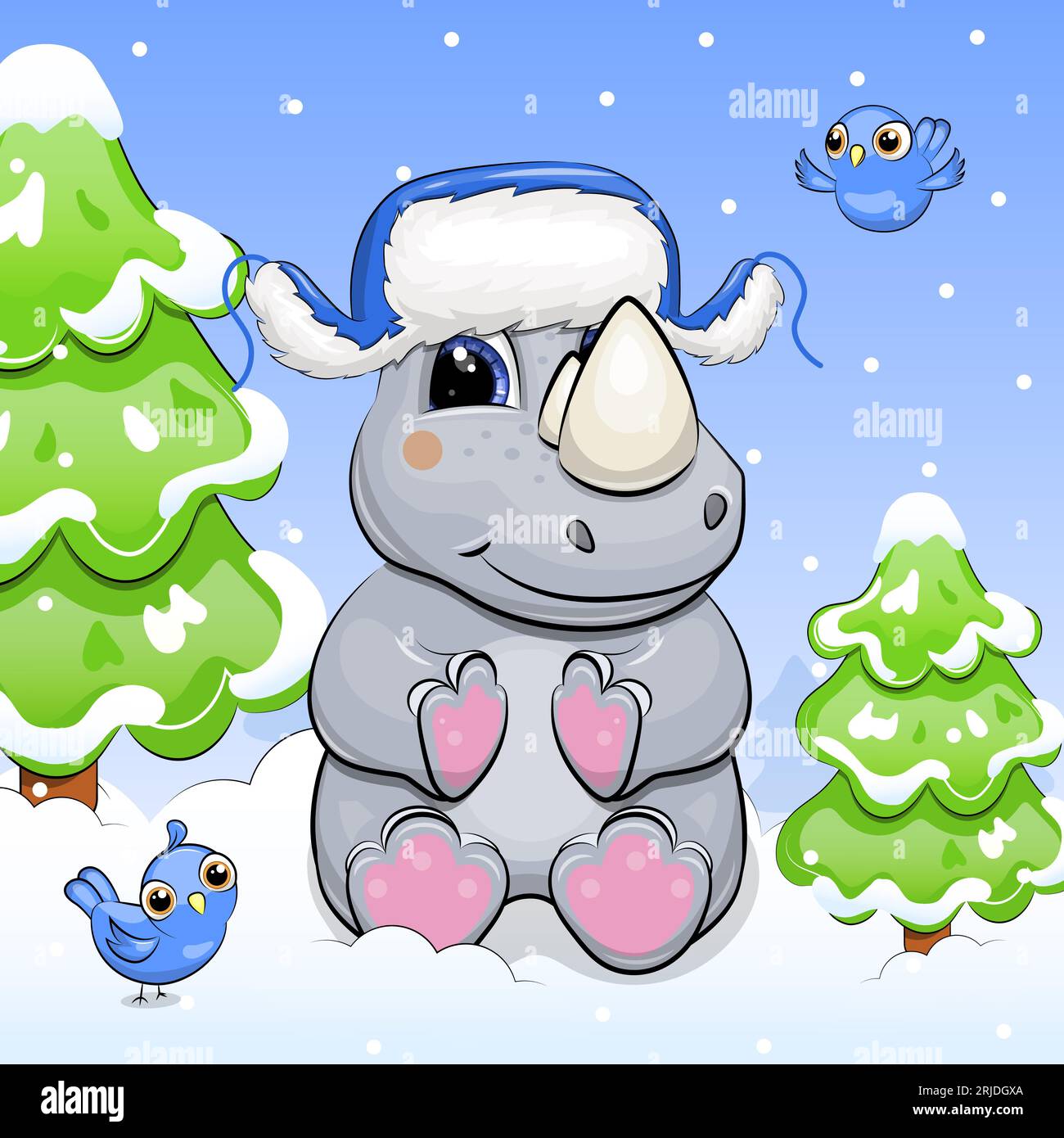 Cute cartoon rhinoceros in a blue winter hat with ear flaps. Winter ...