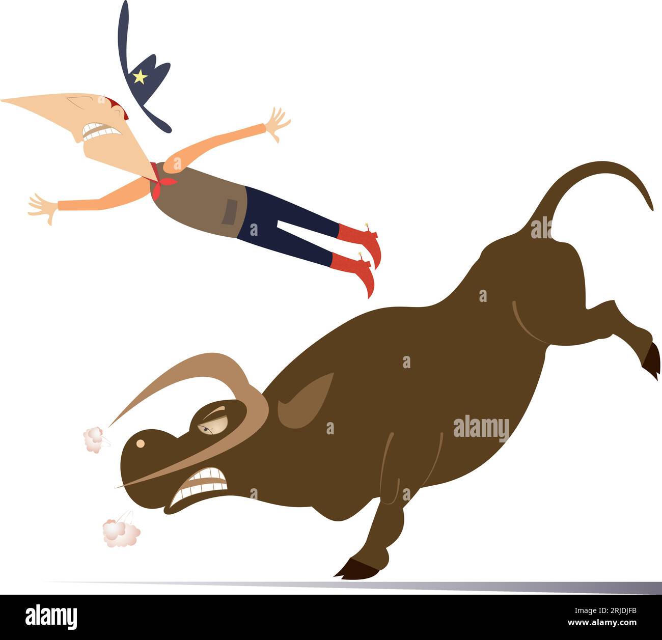 Rodeo. Farmer or cowboy and angry bull. Farmer or cowboy falling from ...