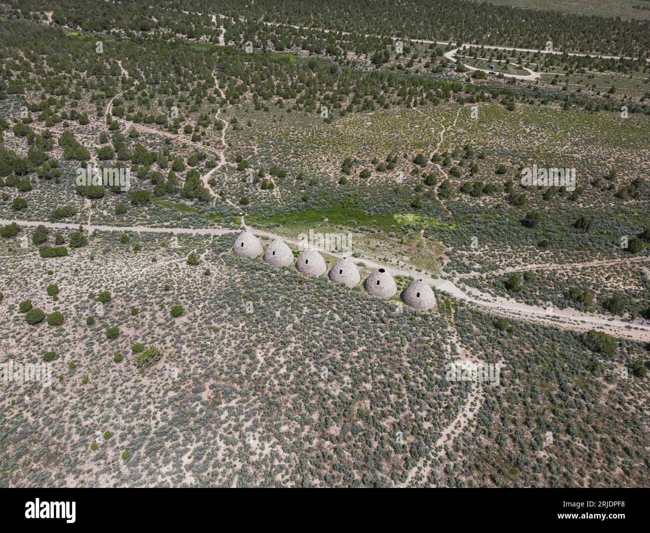 Aerial perspective of the behave shaped charcoal ovens that were used ...