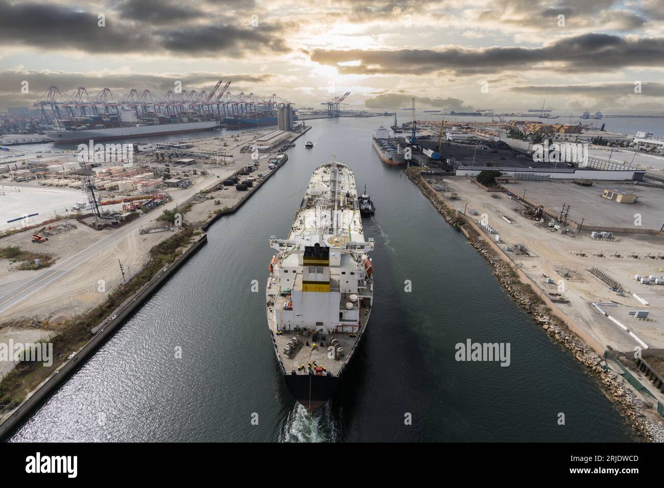 Oil tanker ship moving through Long Beach harbor ship channel in Southern California Stock Photo ...