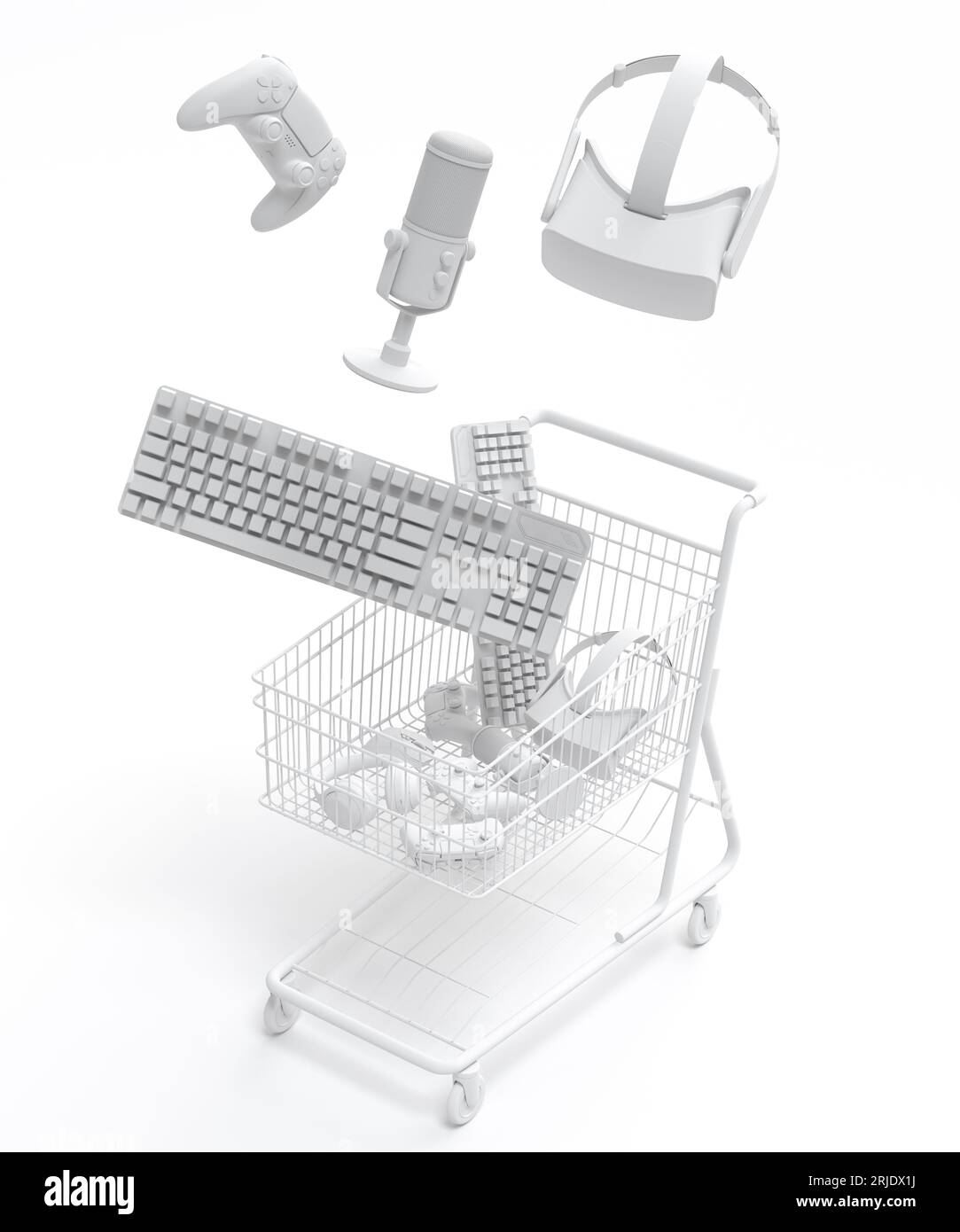 Flying gamer gears like mouse, keyboard, joystick, headset, VR Headset ...