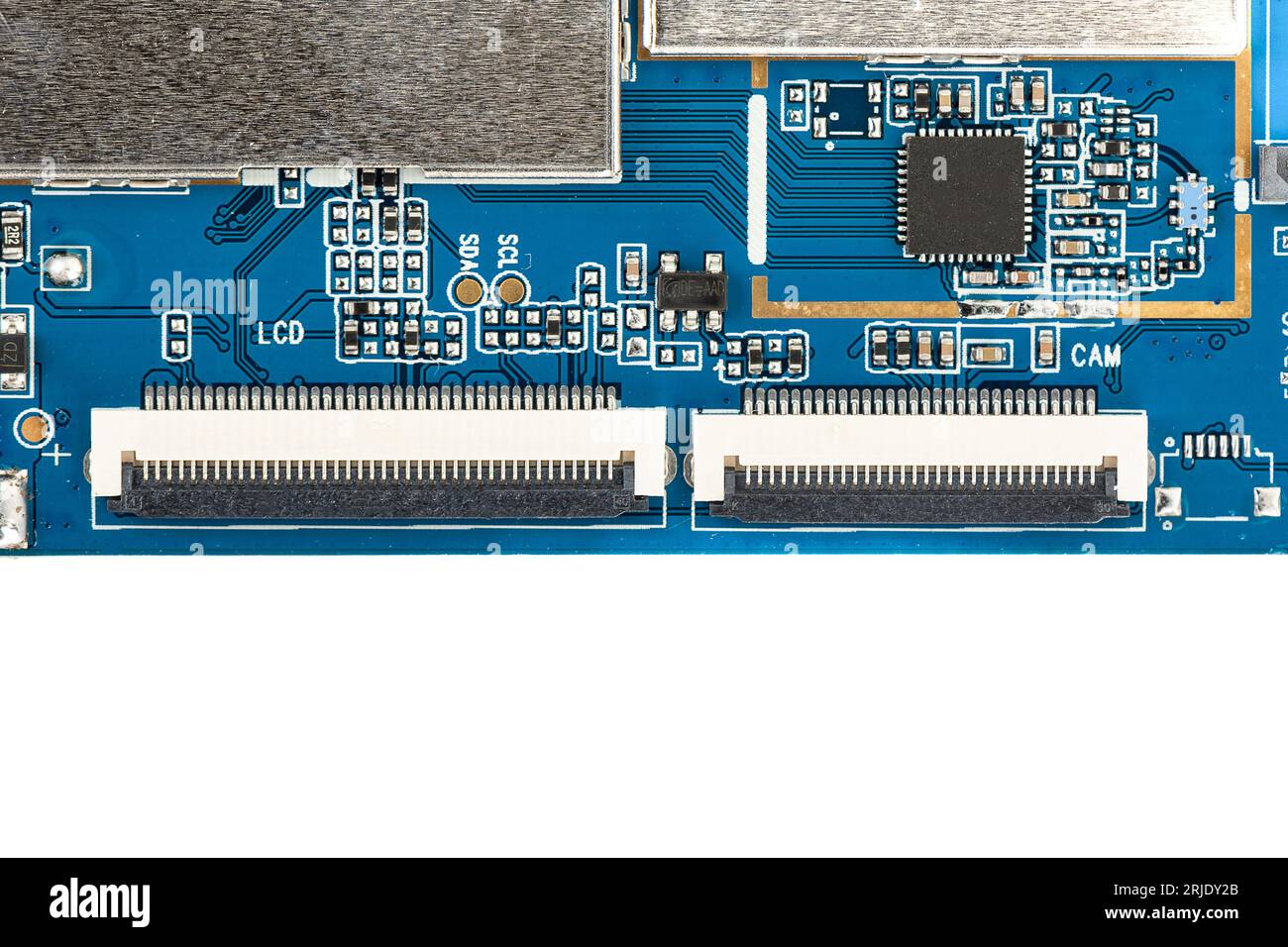 Close-up top view of connectors on an electronic circuit board. White ...