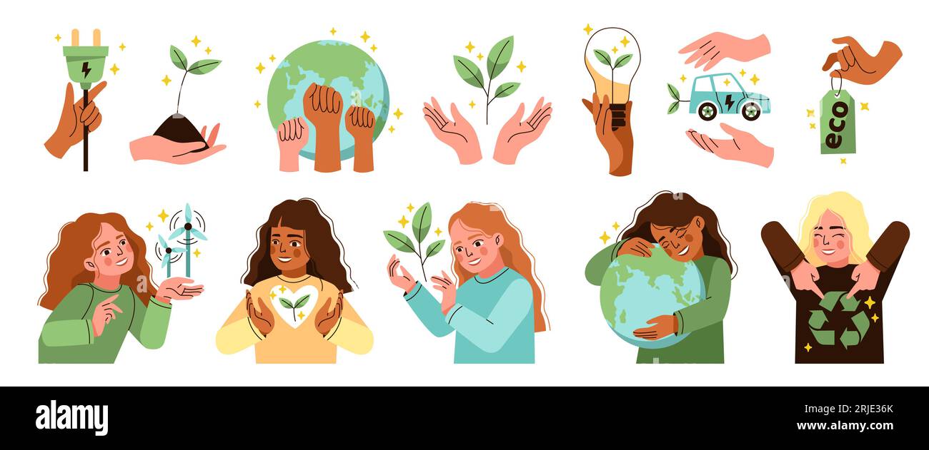 People save planet. Cartoon cute girls with green ecological symbols ...