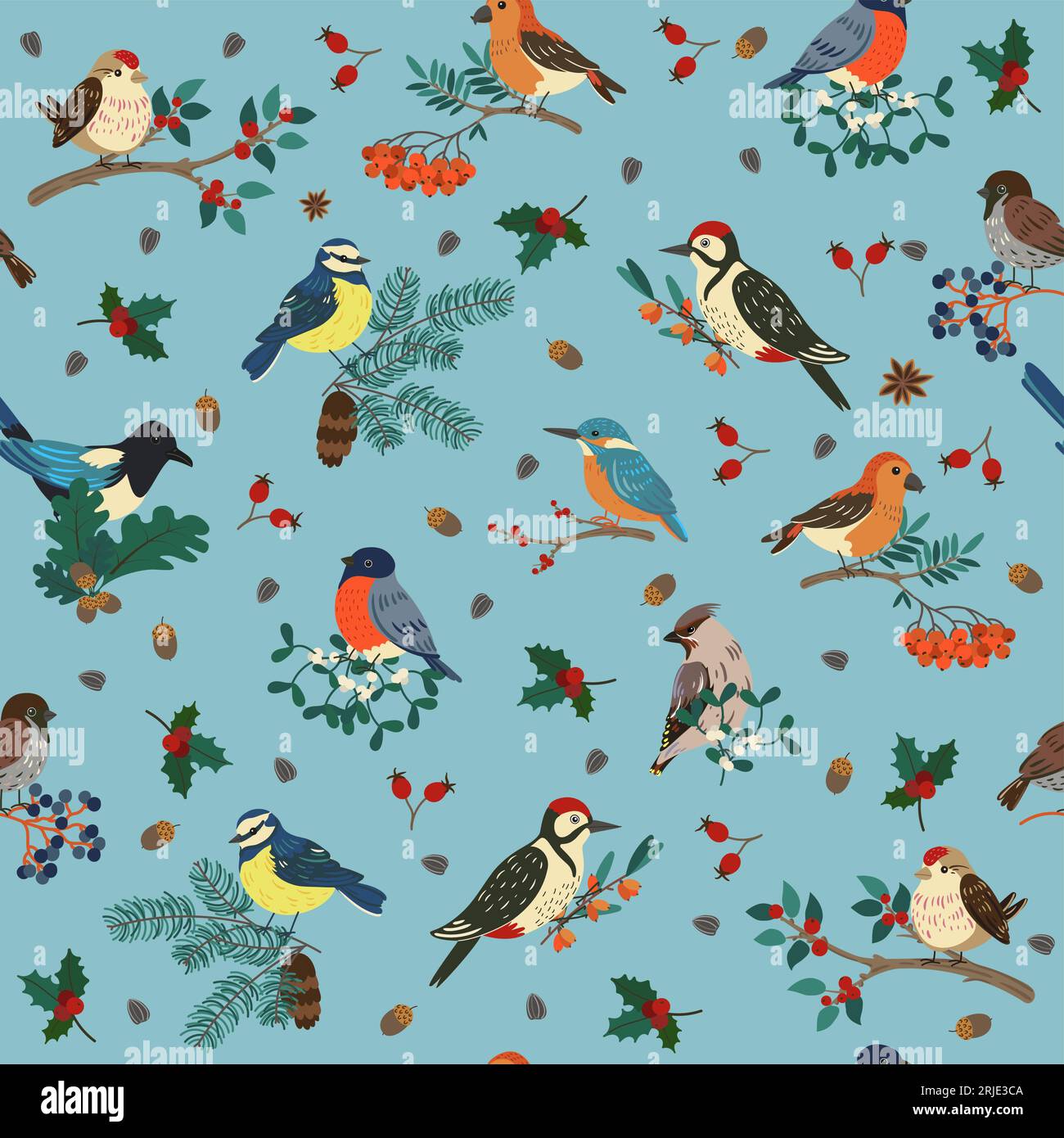 Seamless pattern with different birds on branches. Forest characters ...