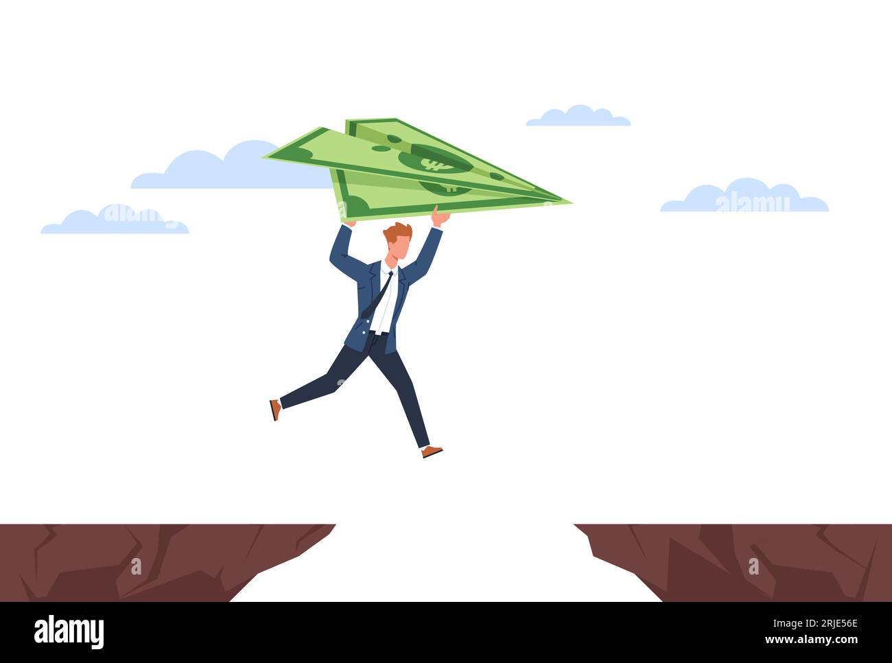 Businessman jumps chasm using an airplane made from money bill ...