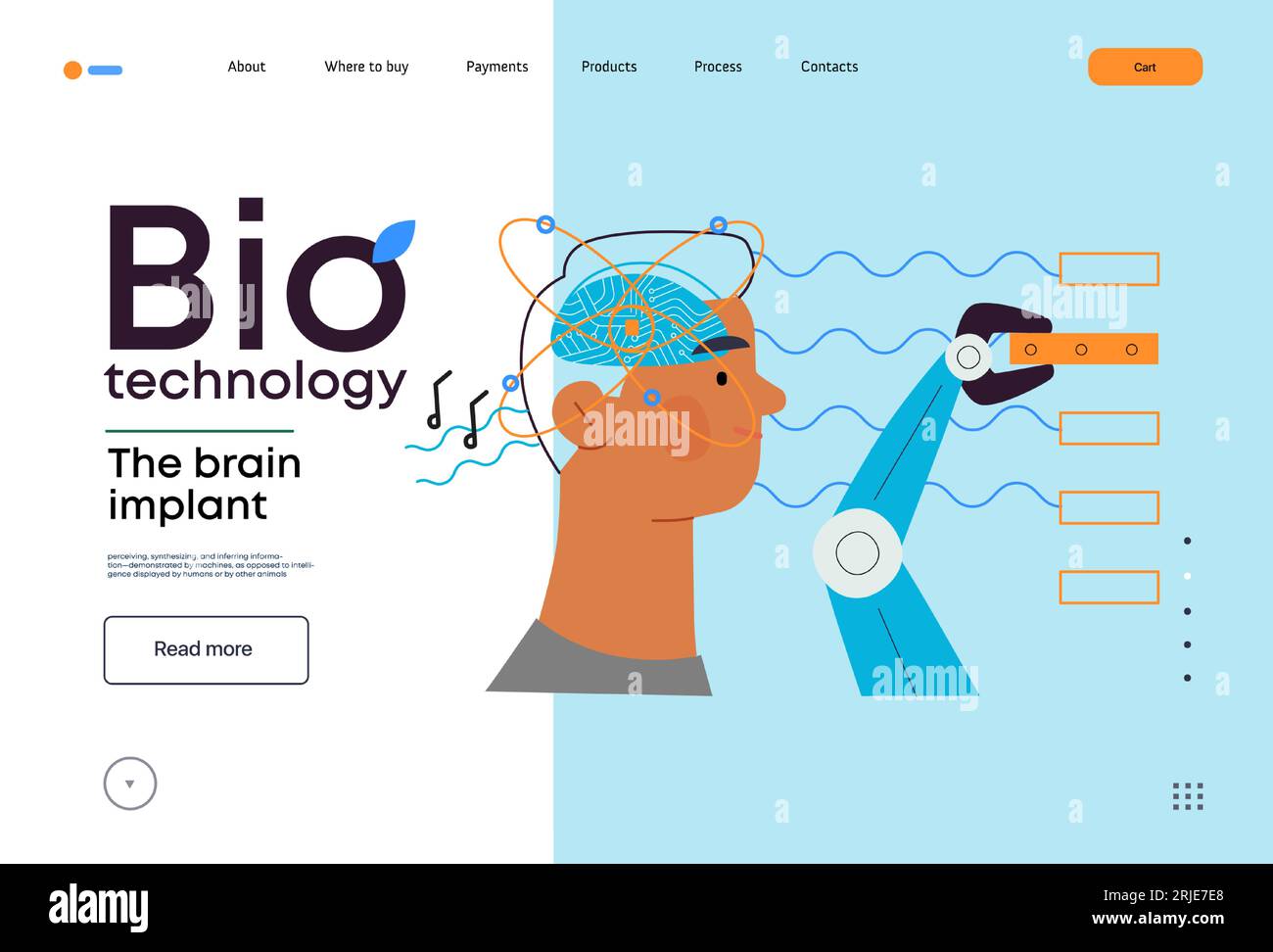 Bio Technology, Brain implant, Neural upgrade -modern flat vector concept illustration of brain ...