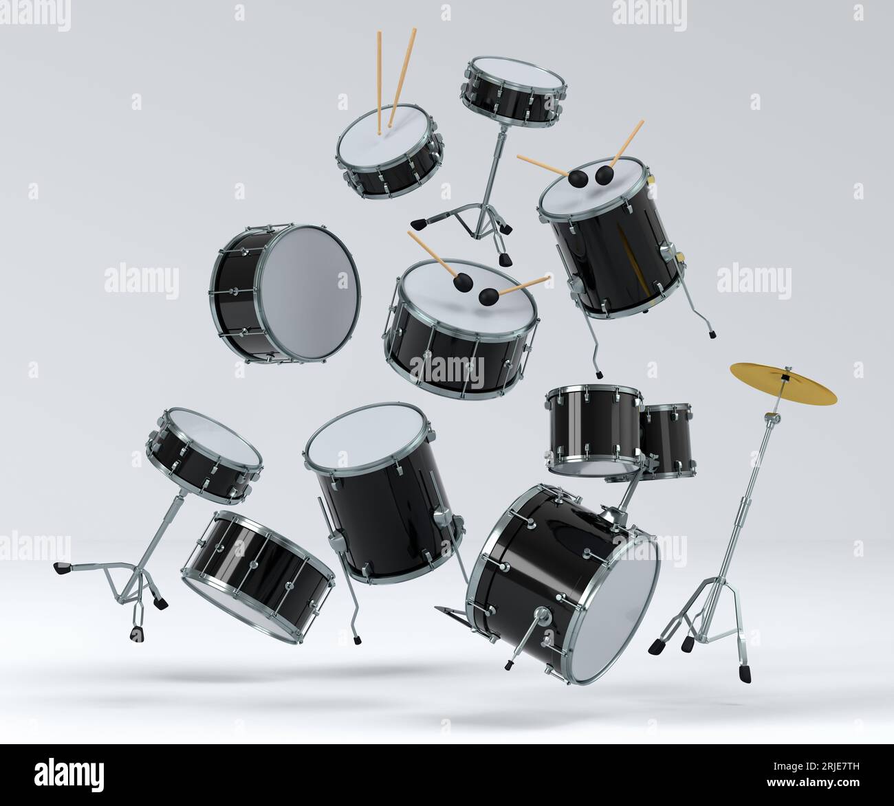 Set of drums with metal cymbals on white background. 3d render of ...