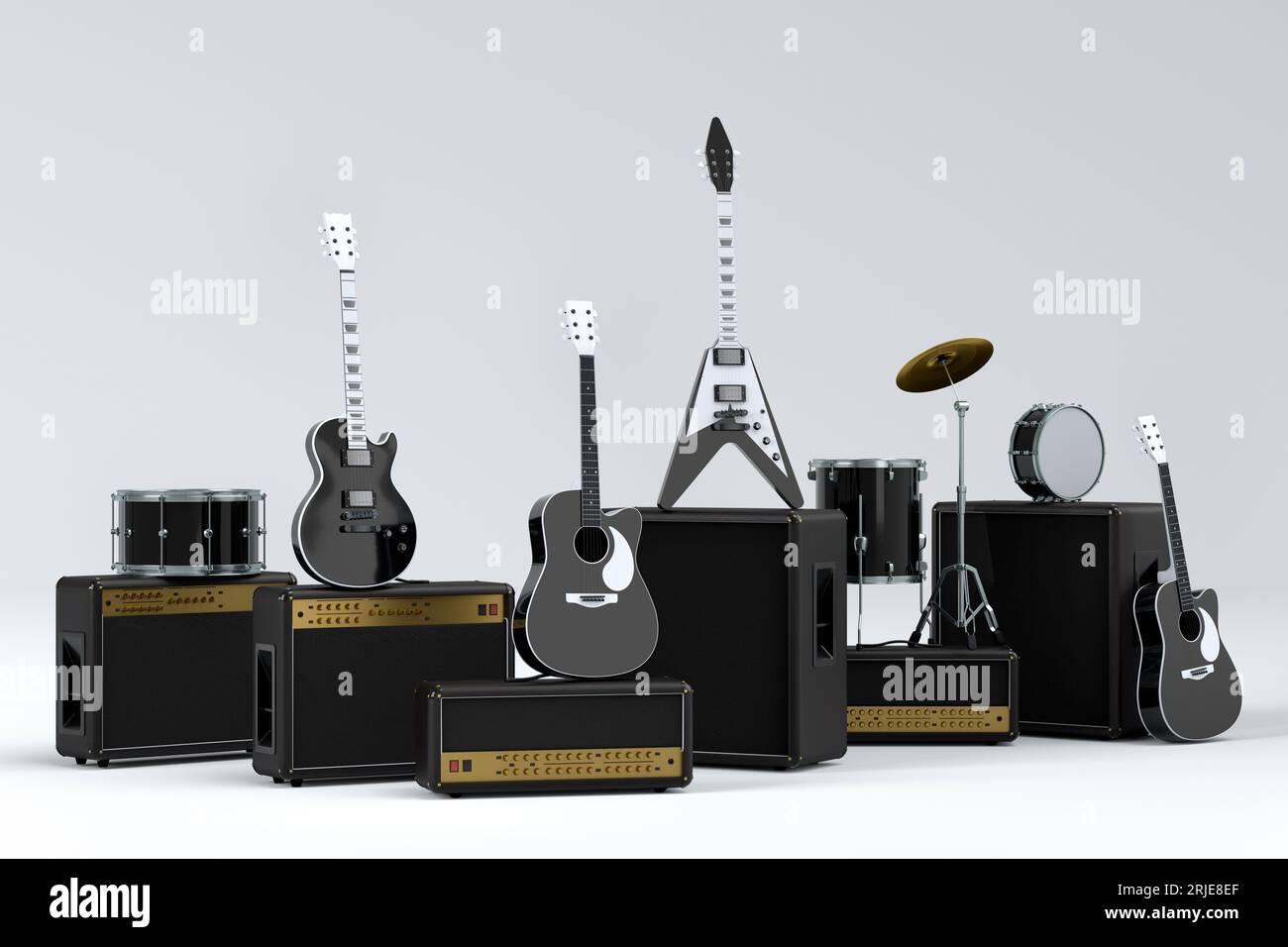 Set of electric acoustic guitars, amplifiers and drums with metal ...