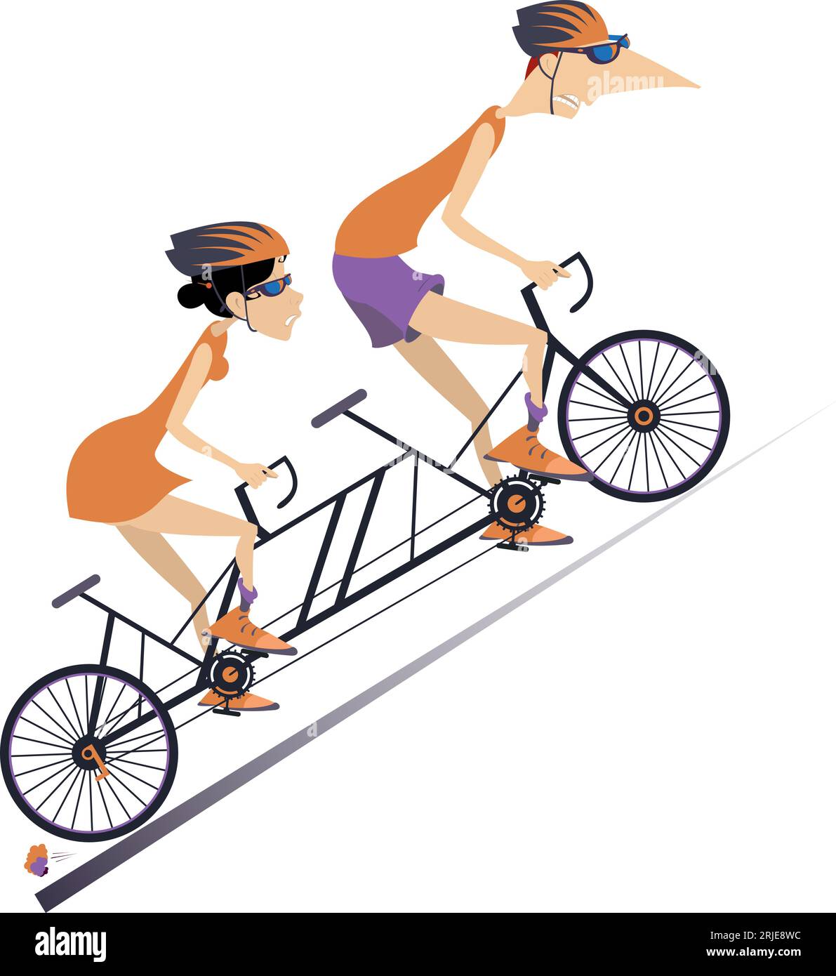 Tired cyclists man and woman riding on tandem bike. Tired cyclists man ...