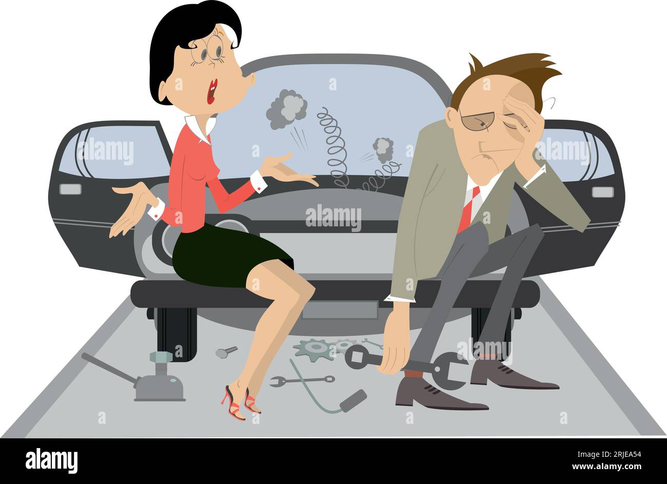 Sad man, angry woman and broken car. Upset woman asks the man to do ...