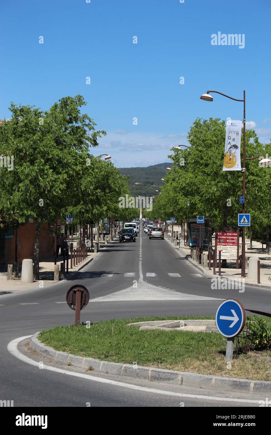 Green, verdant, tree lined roadway in the south of France with a clear ...