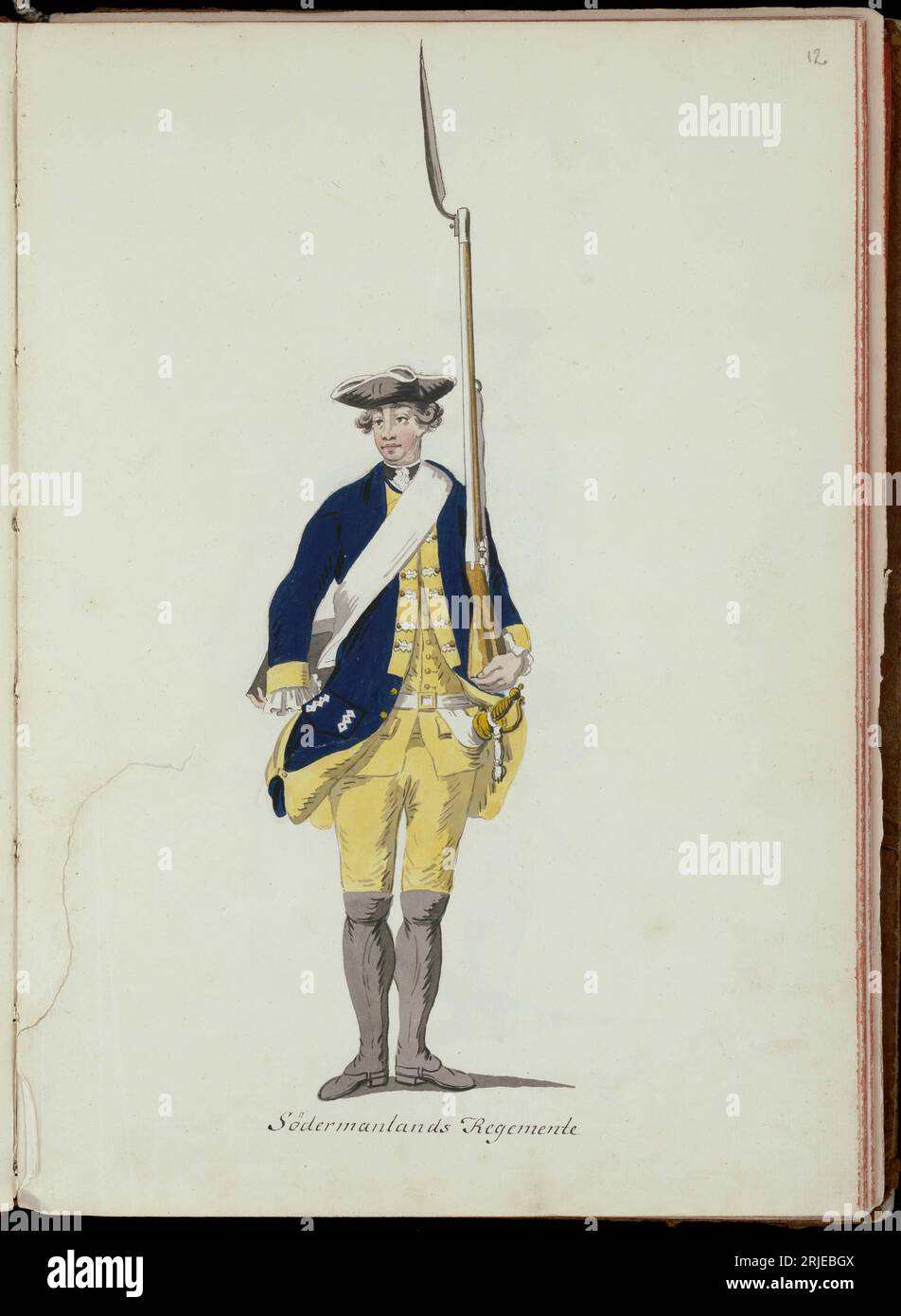 Ink drawing of a uniform for Södermanlands Regemente, soldier with ...