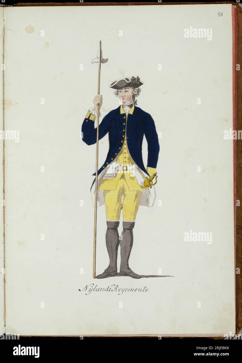 Ink drawing of a uniform for Nylands Regemente, soldier with halberd ...