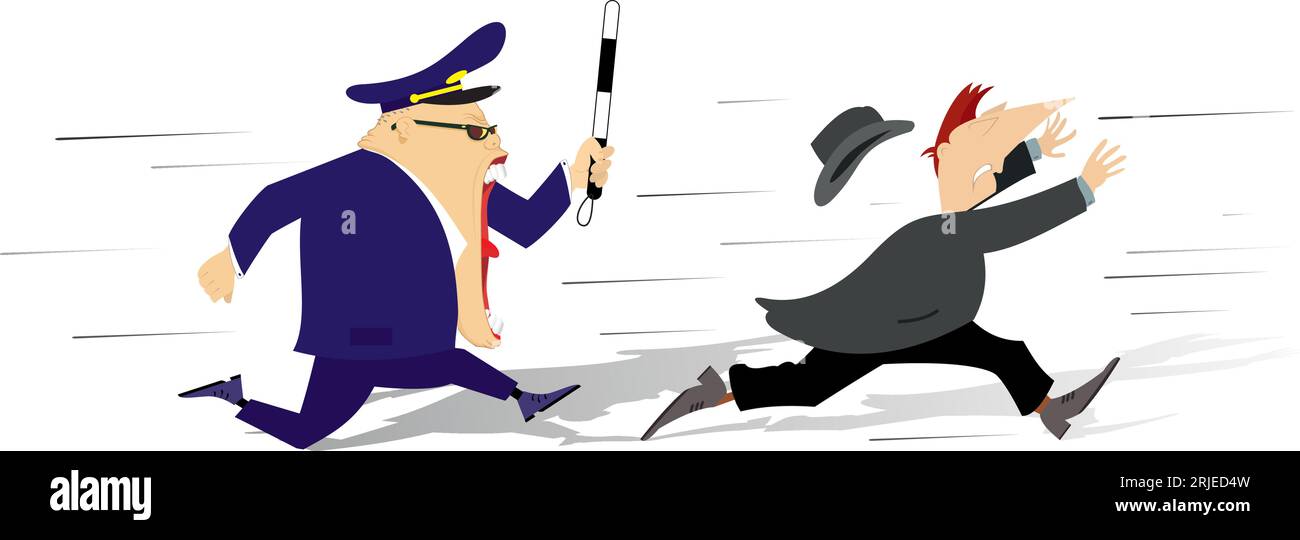Angry police officer running after man. Male police officer with ...