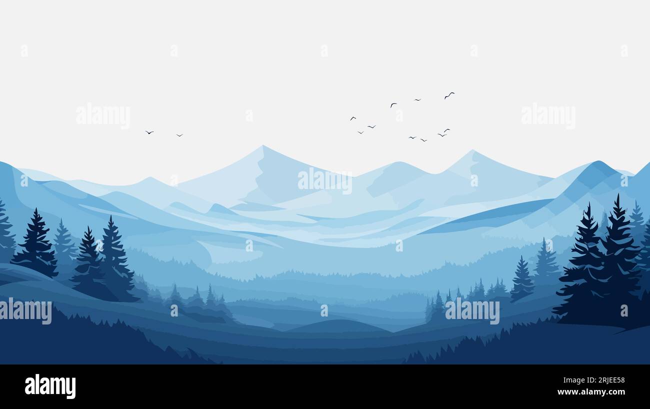 Winter mountain landscape. Coniferous trees against the background of hills, forests, mountains ...