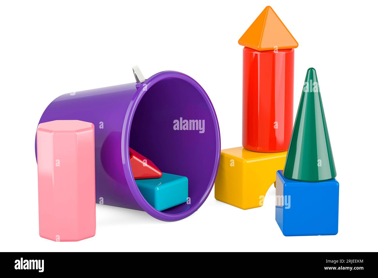 Blocks building and plastic bucket, 3D rendering isolated on white ...