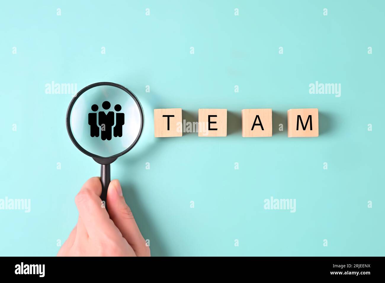 Wooden block with teamwork employees business icons, People with smart ...