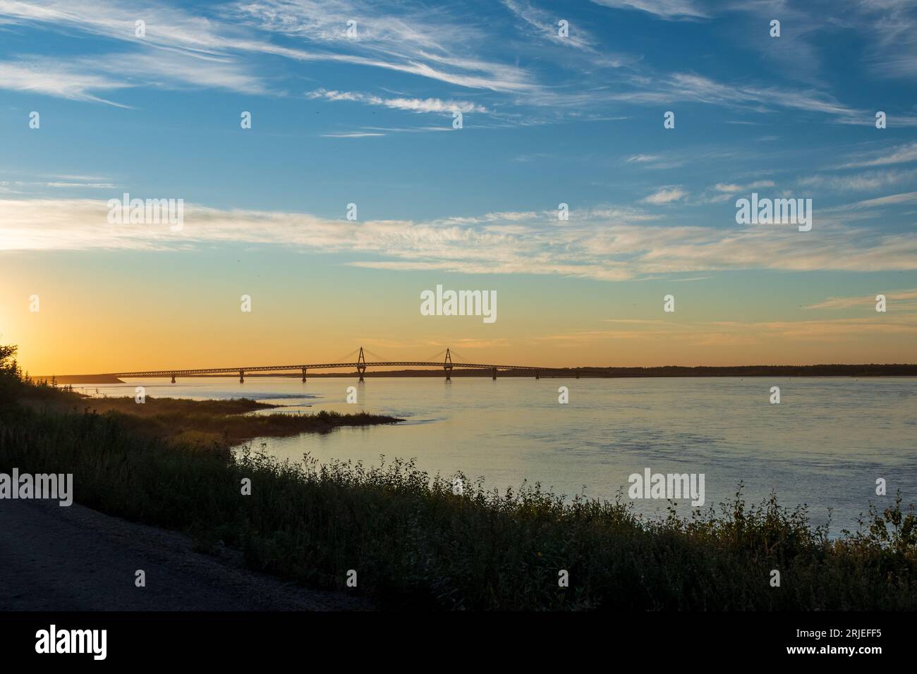 Beautiful Sunset Over the Deh Cho River Bridge, Mackenzie River ...