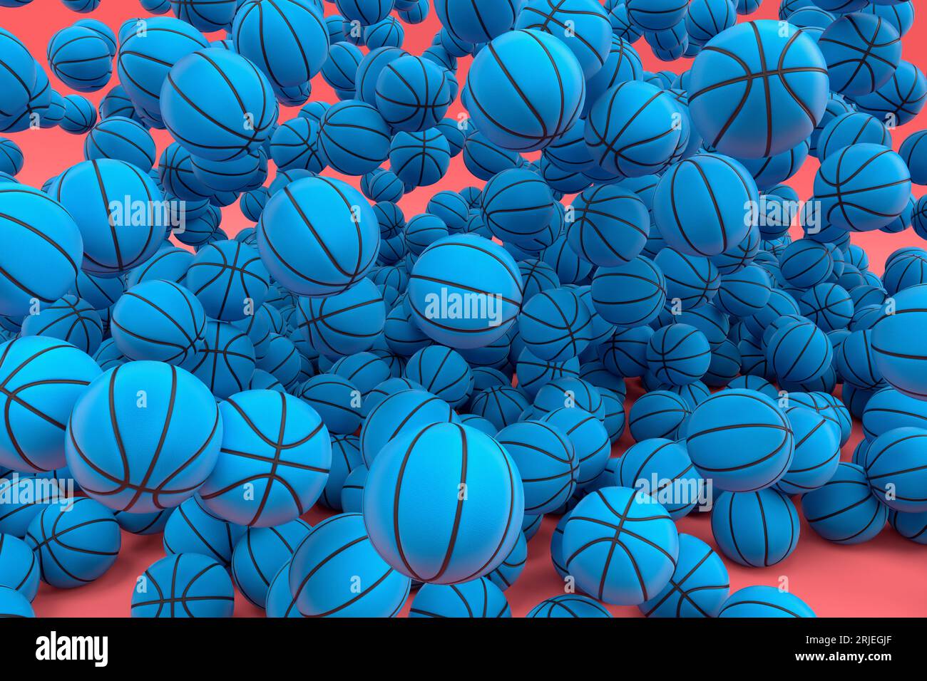 Many of flying blue basketball ball falling on pink background. 3d ...