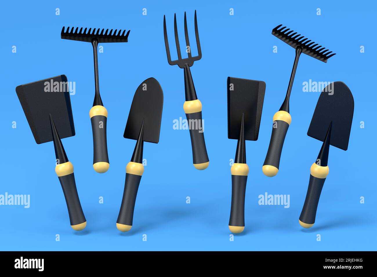 Garden shovel, pitchfork and rake on blue background. 3d render of ...