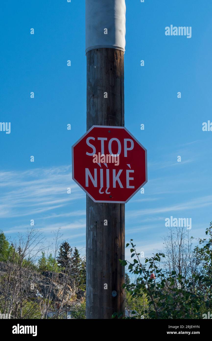 Yellowknife, NT / Canada - 13 August 2022: Bilingual stop sign in ...