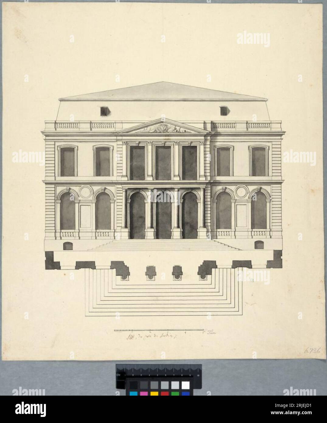 Chateau d'Issy, elevation av trädgårdsfasad samt del av plan between ...