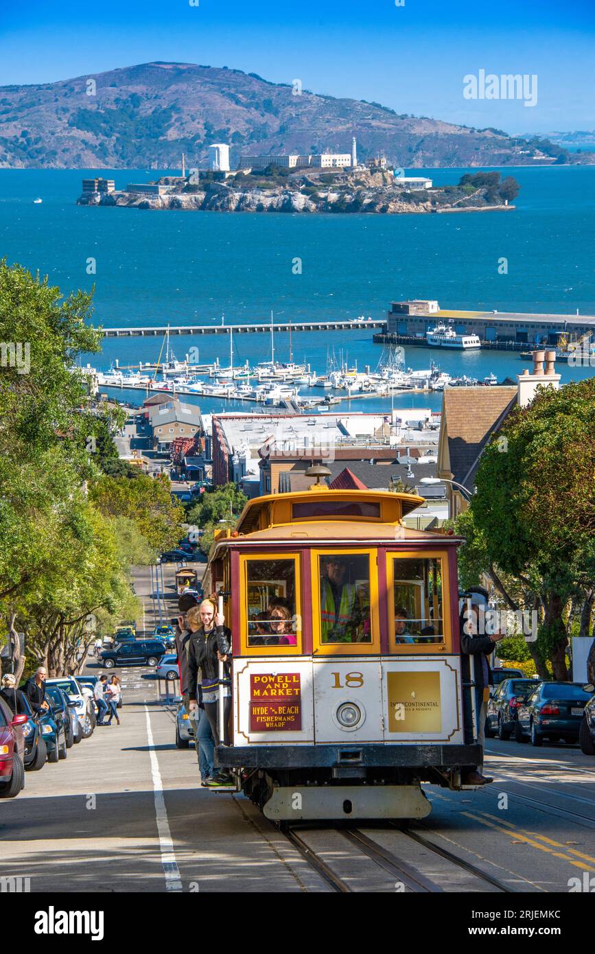 Cable Car coming up the Hill,in the Background Alcatraz, San Francisco ...