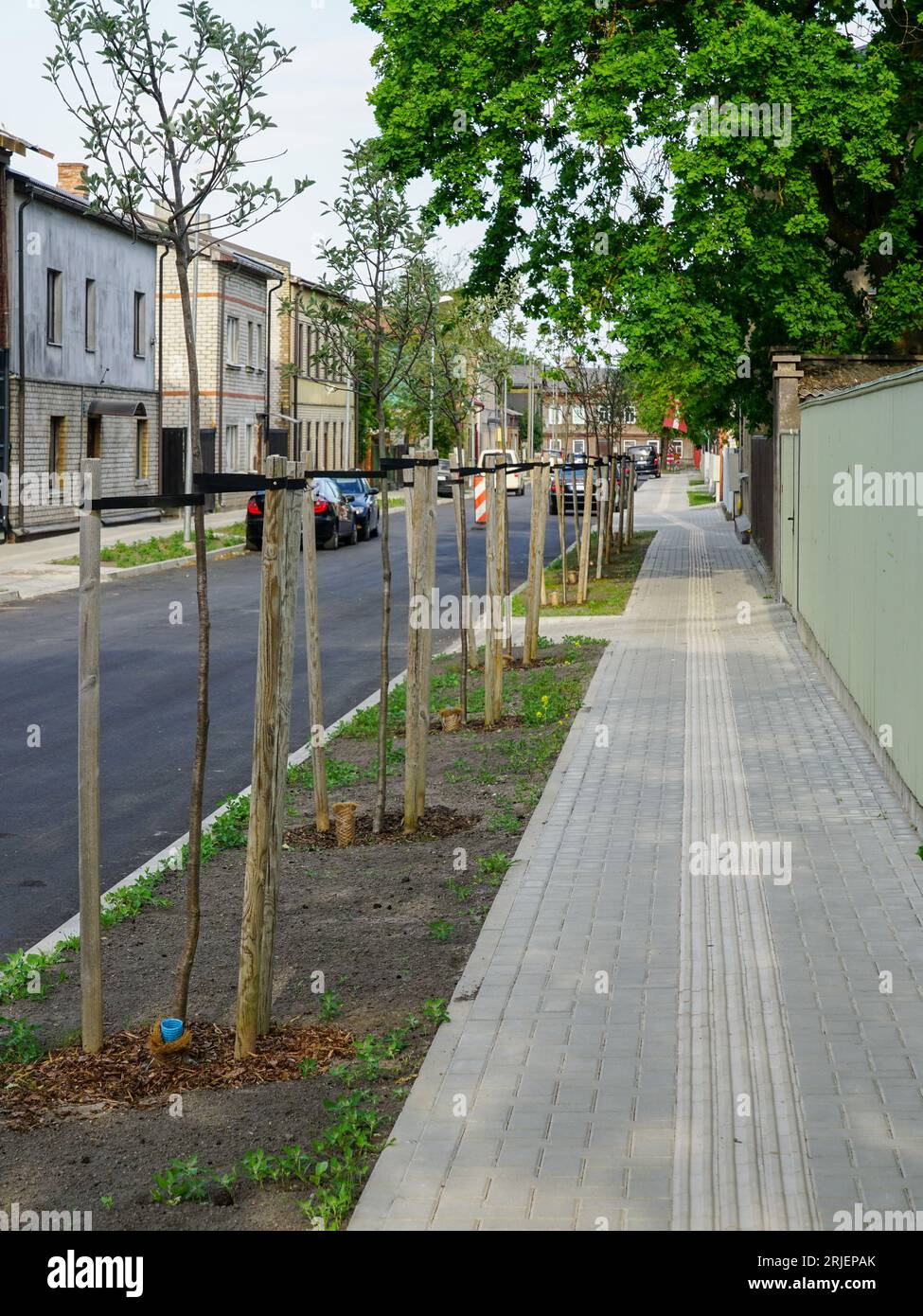 reconstructed street view with new asphalt, sidewalk paving with ...