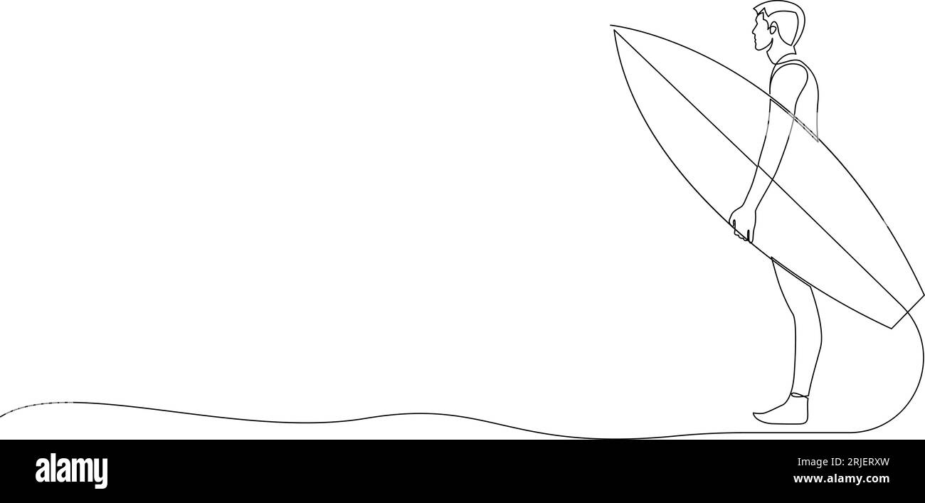 Continuous one line drawing of man holding surfboard. Vector ...