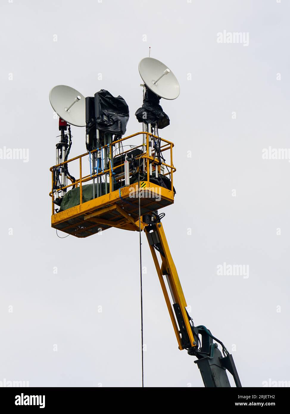 Equipment of rally organizers, temporary transmitting satellite dishes ...