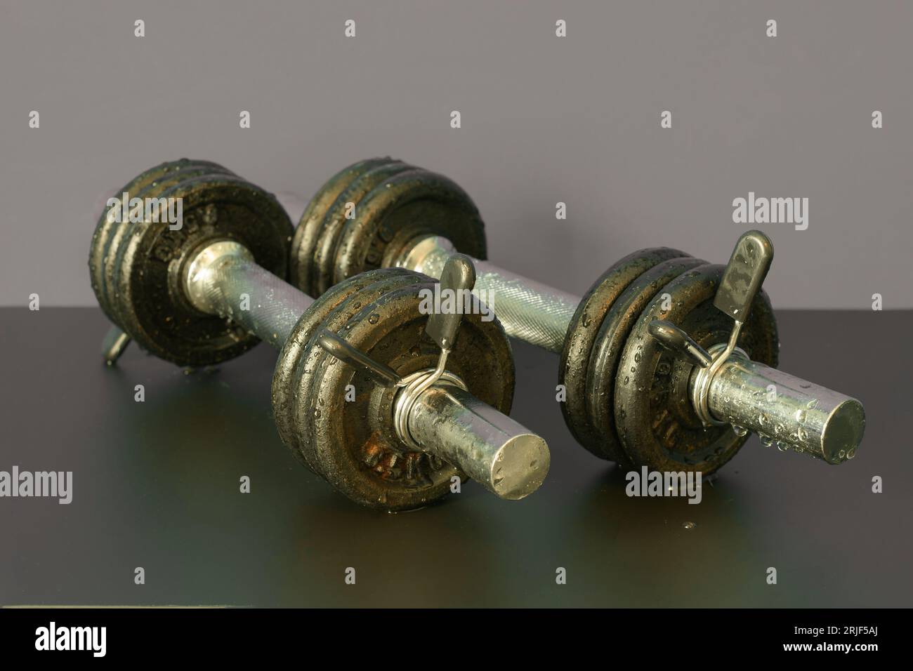 Improper care of dumbbells. Rusty dumbbells caught in water or rain ...