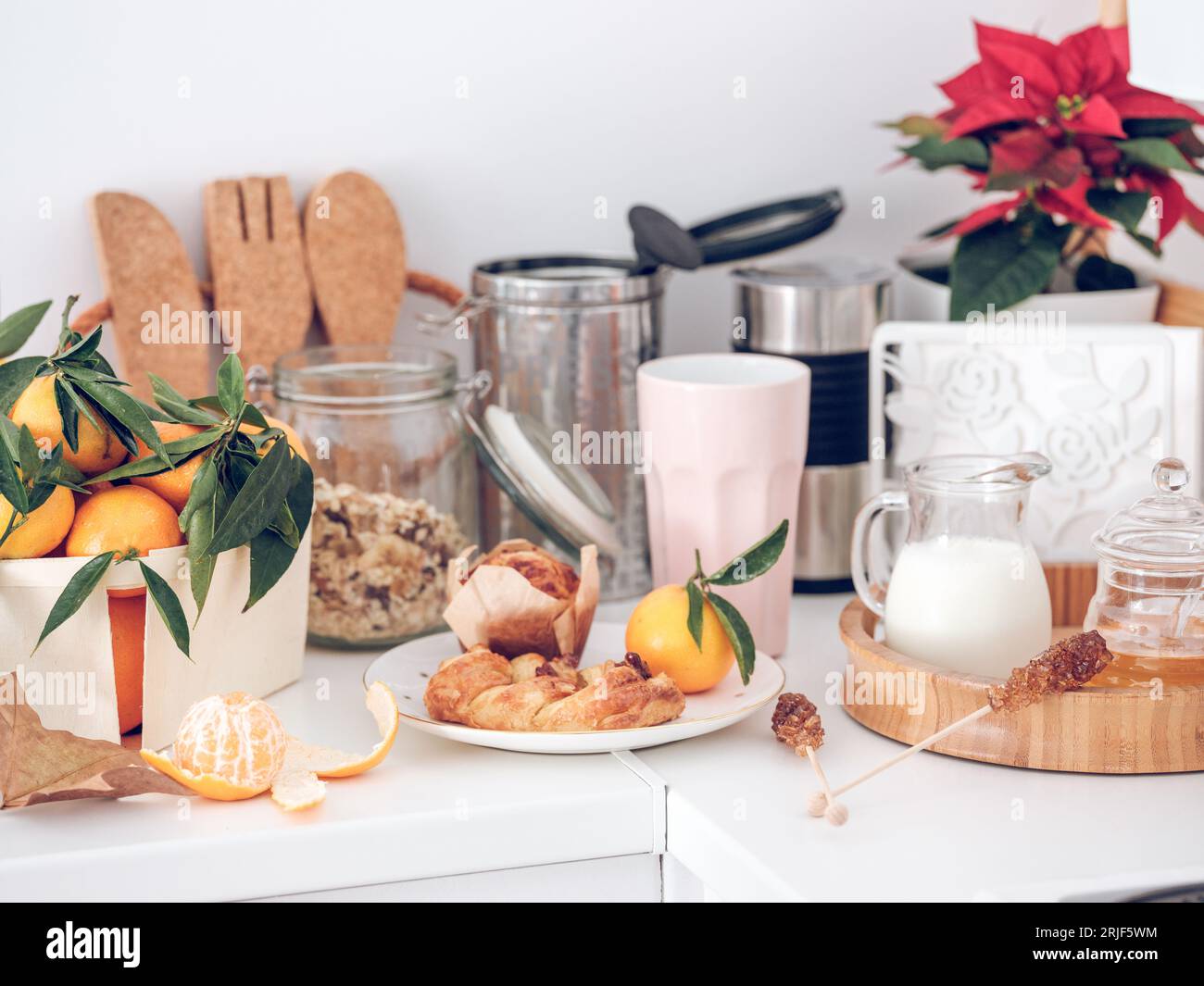 Composition of fresh tasty served breakfast consisting of jar of milk ...
