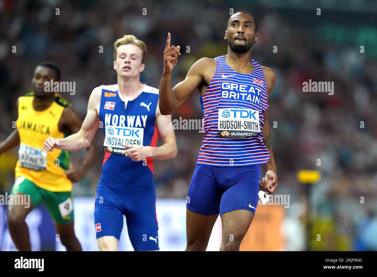 Great Britain's Matthew Hudson-Smith (right) reacts after finishing 1st ...