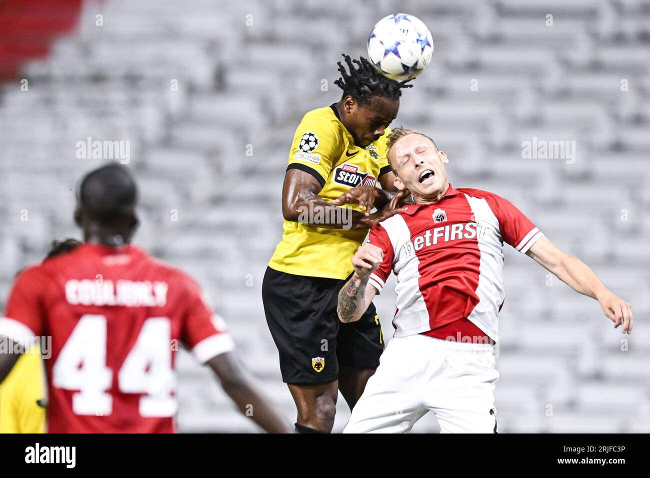 Antwerp, Belgium. 22nd Aug, 2023. Athens' Levi Garcia and Antwerp's ...