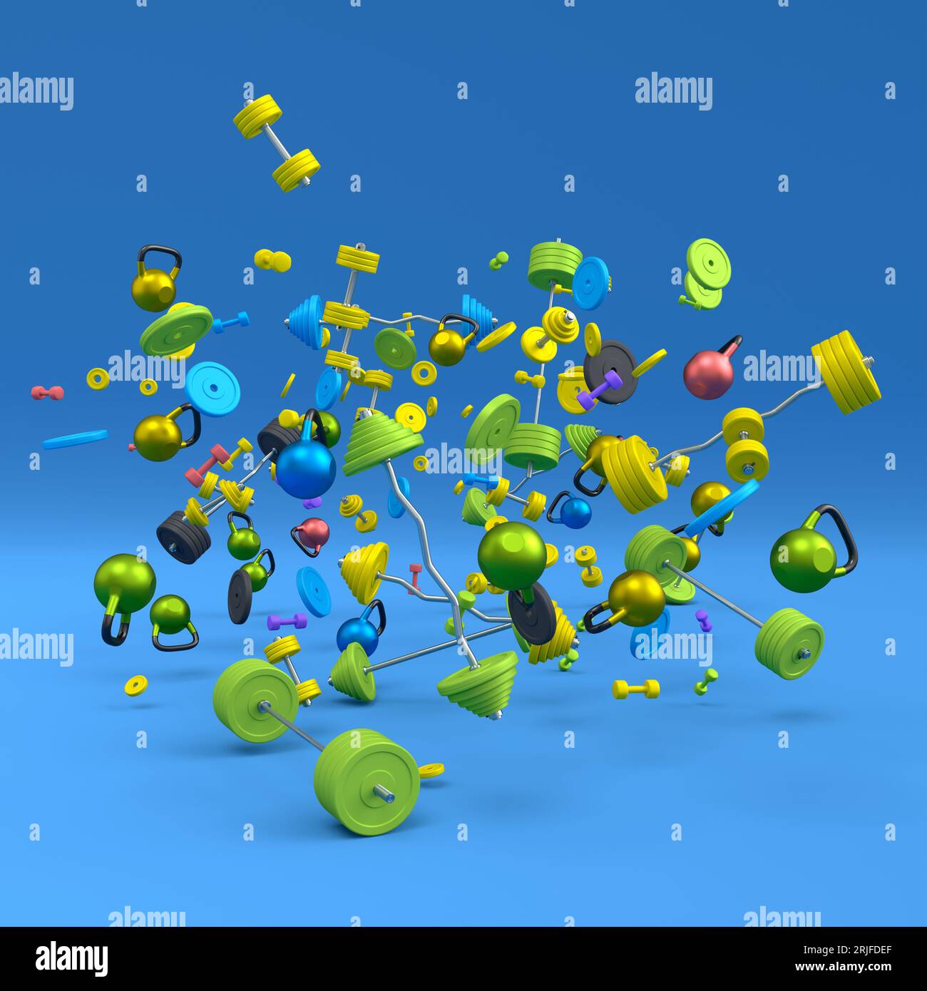 Flying and folling sport equipment like kettlebell, barbell and ...