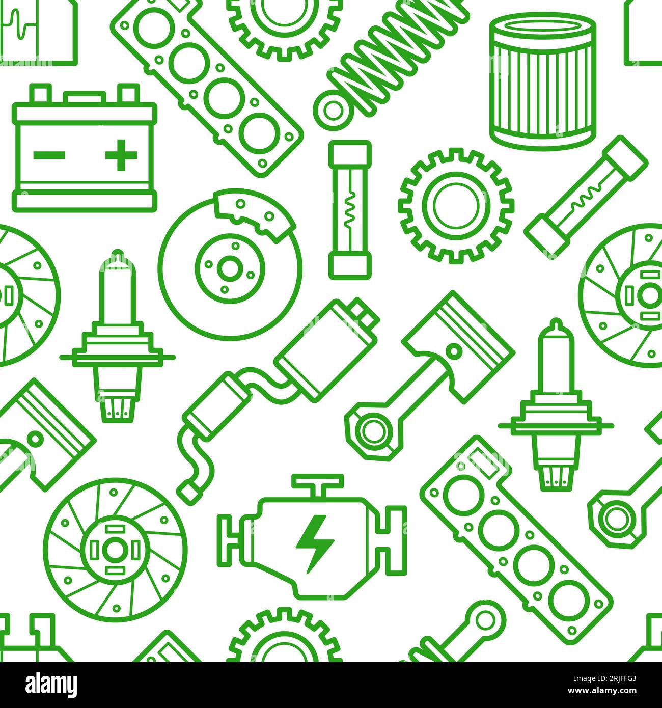 Seamless pattern with car parts. Green line art on white background ...