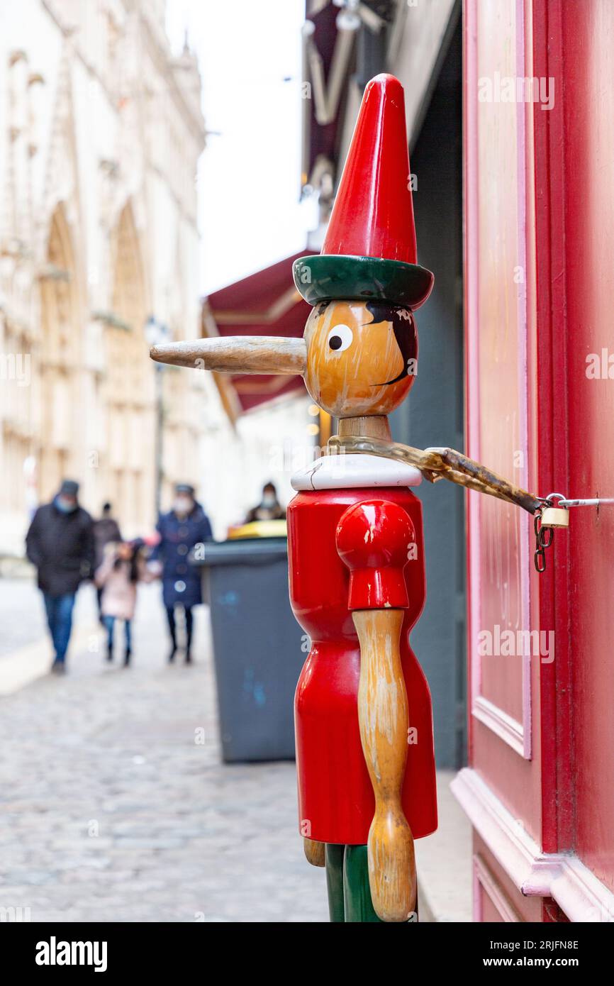 Lyon, France - January 26, 2022: Large Pinocchio statue made of wood ...