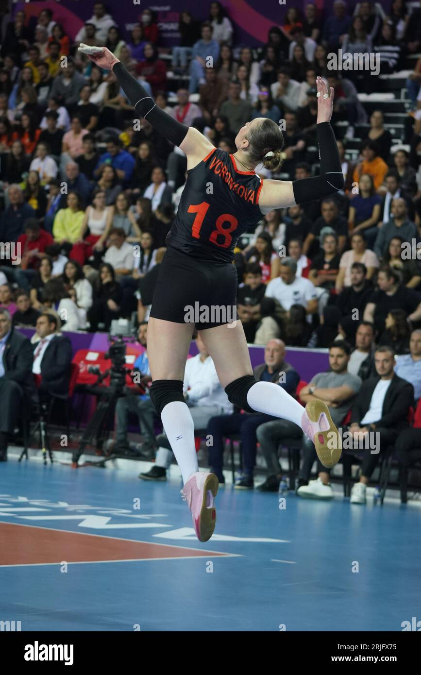 ANTALYA, TURKIYE - DECEMBER 18, 2022: Irina Voronkova serves during ...
