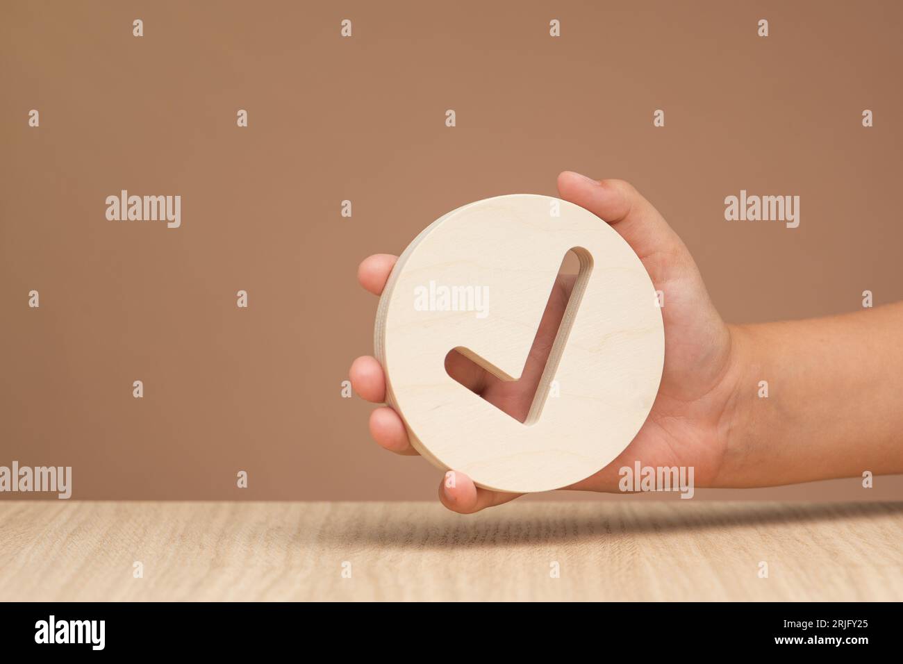 Hand holding check mark icon, banner with wooden check mark icon in ...