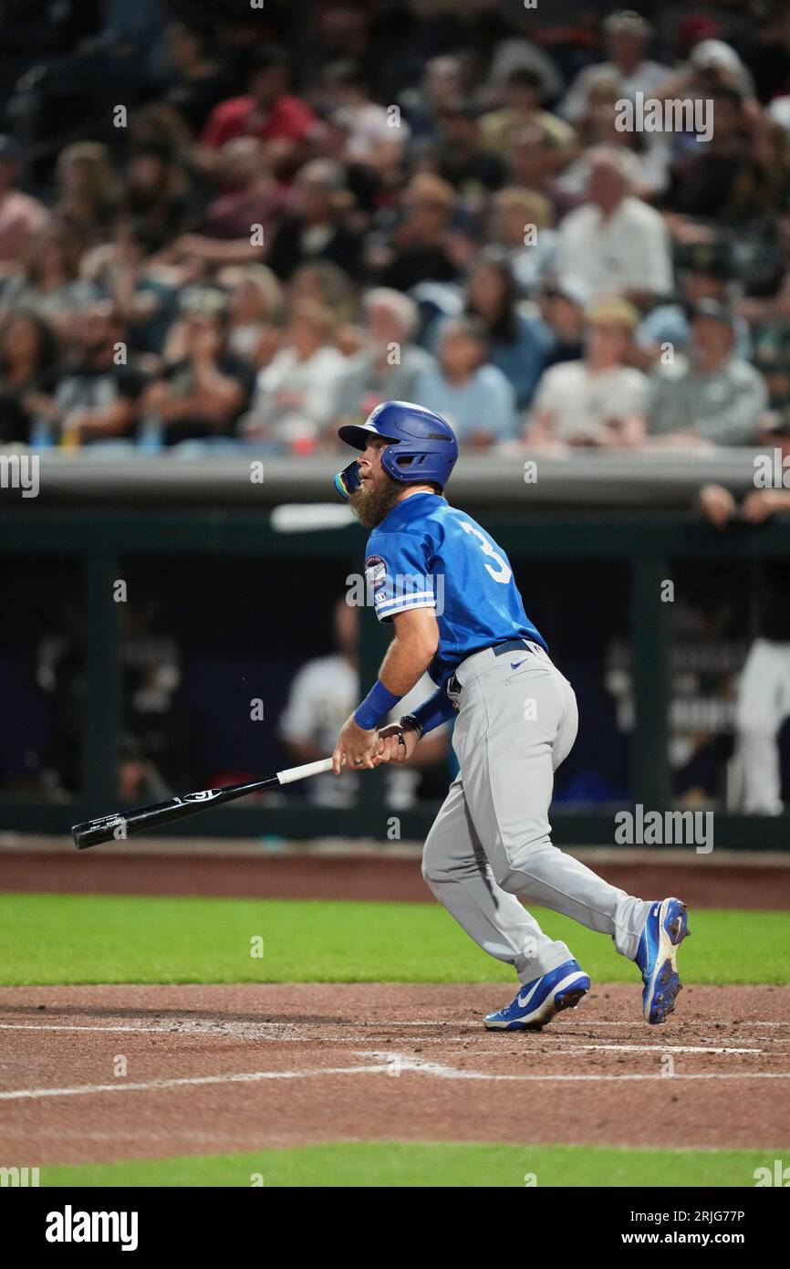 August 19 2023: Oklahoma City center fielder Drew Avans (3) gets a hit ...