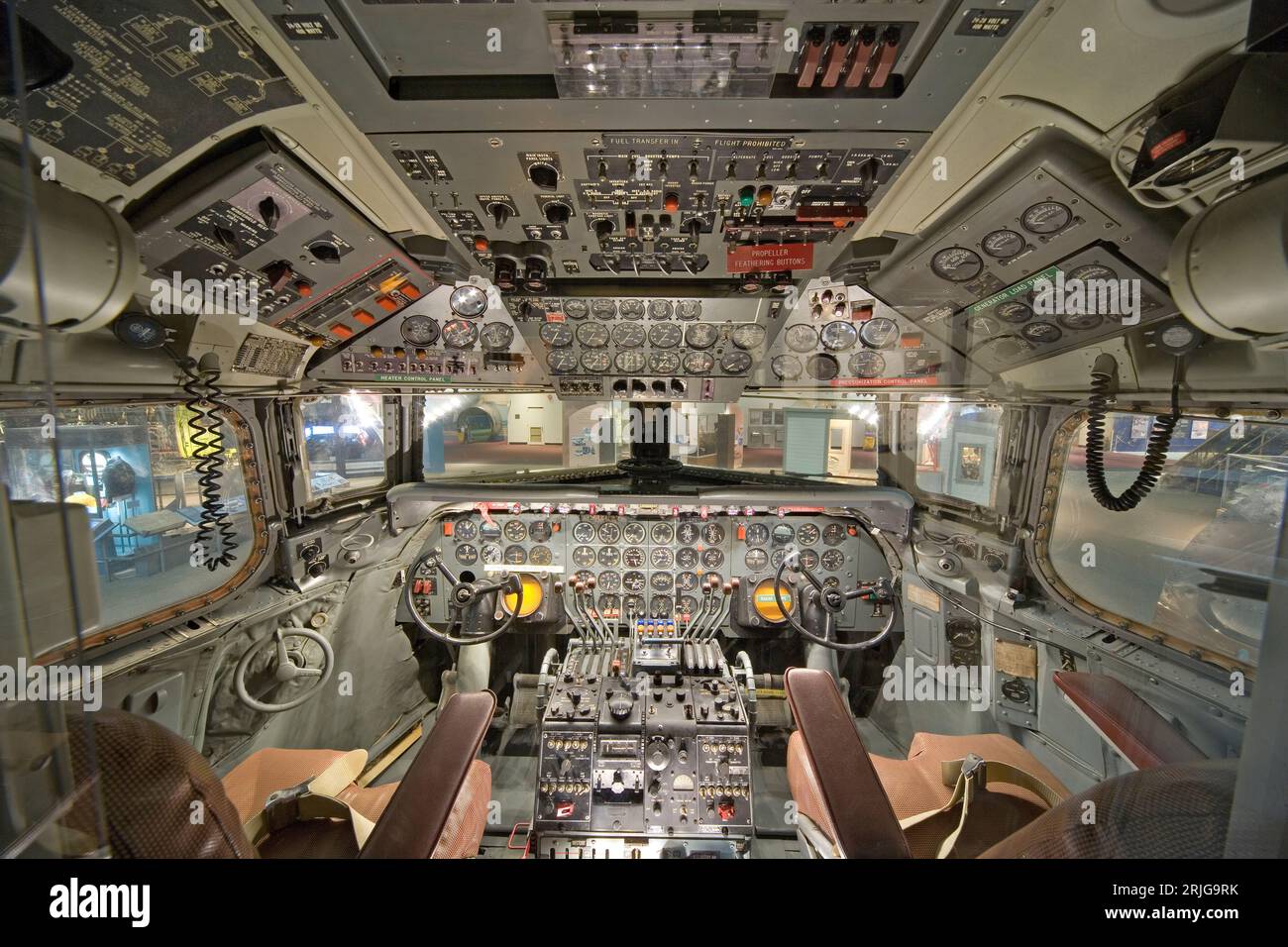 Interior of the cockpit of a 1950's era Douglas DC-7 aircraft Nose on ...