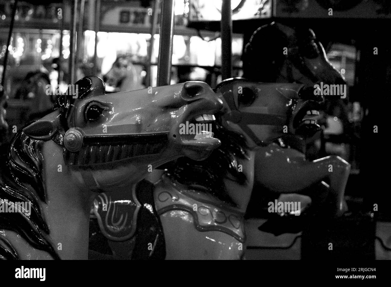 black and white side view of carousel horses Stock Photo - Alamy