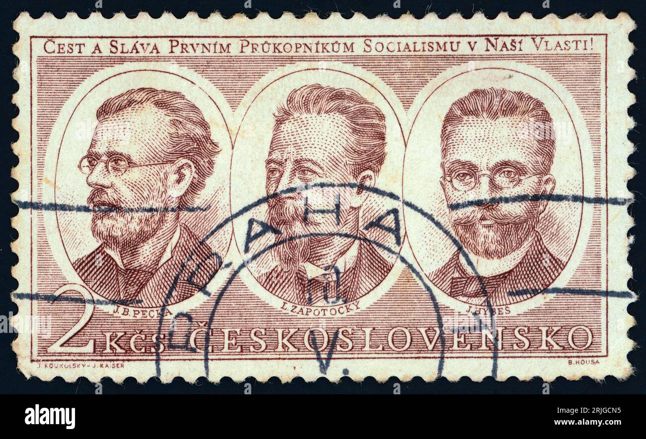 Pecka, Zápotocký, Hybeš. "Honour and glory to the first pioneers of ...