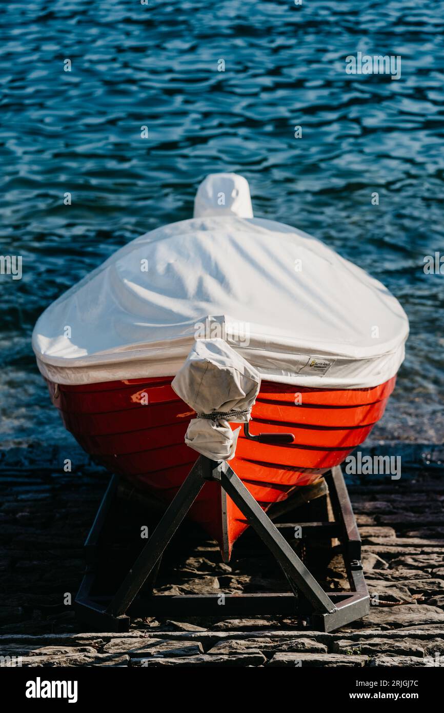 Small fishing boat with fishing net and equipment, motor boat or sail ...