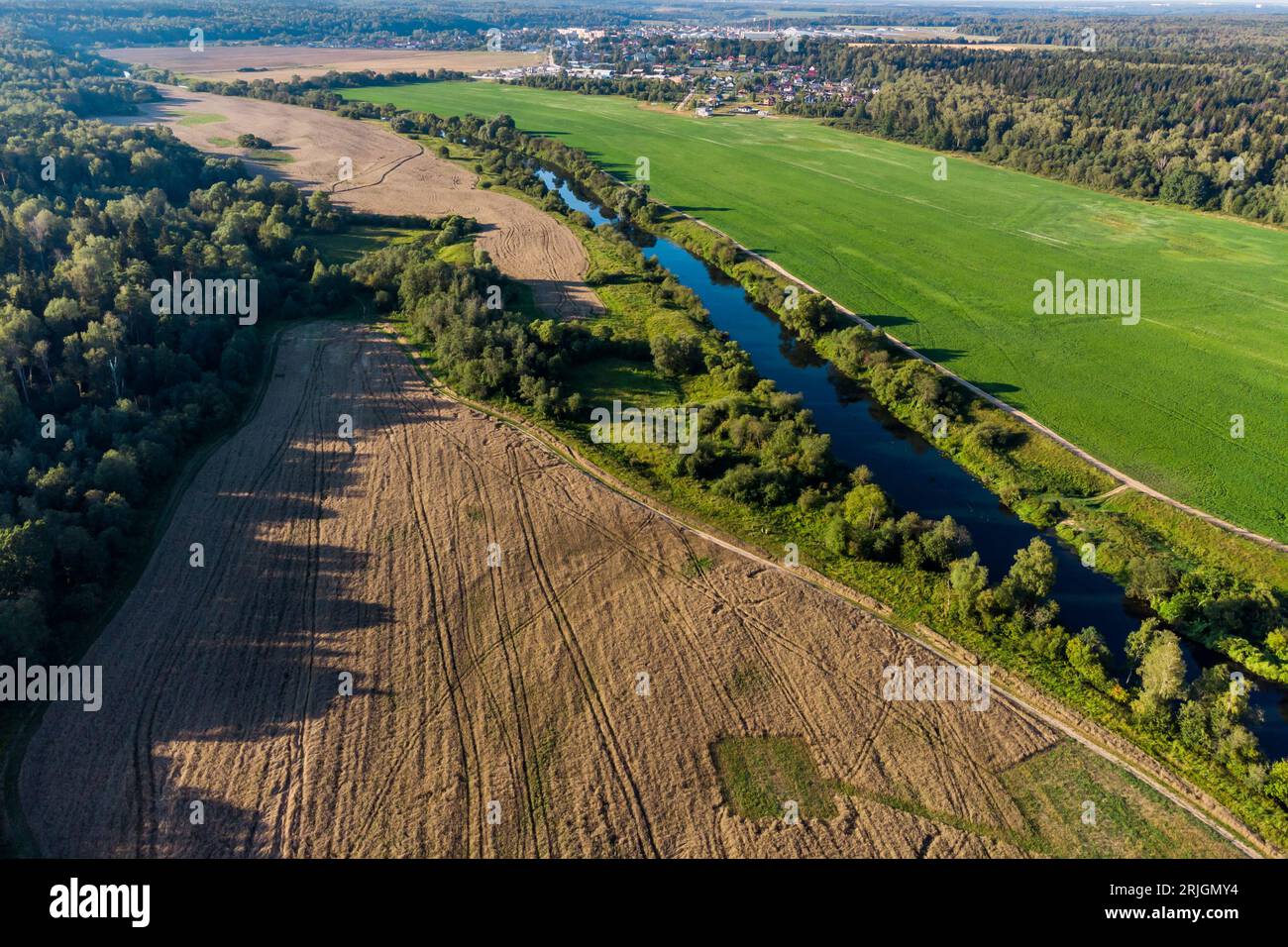 Aerial view of rural landscape with fields and river Stock Photo - Alamy