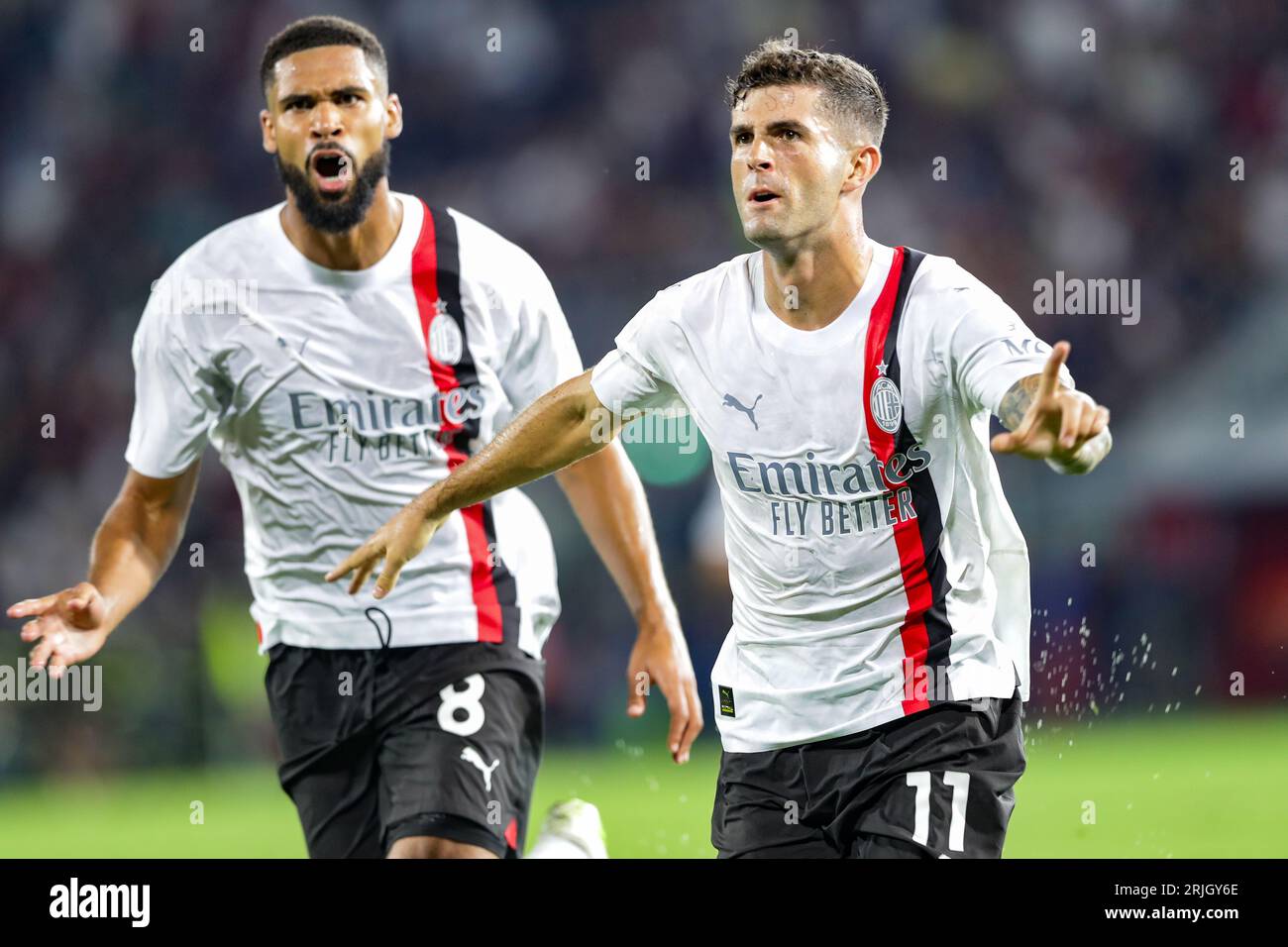 Bologna, Italy. 21st Aug, 2023. Ruben Loftus Cheek of AC Milan (L) and ...